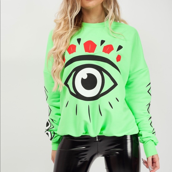 Tops | Neon Green Hoodie With Eye Design | Poshmark